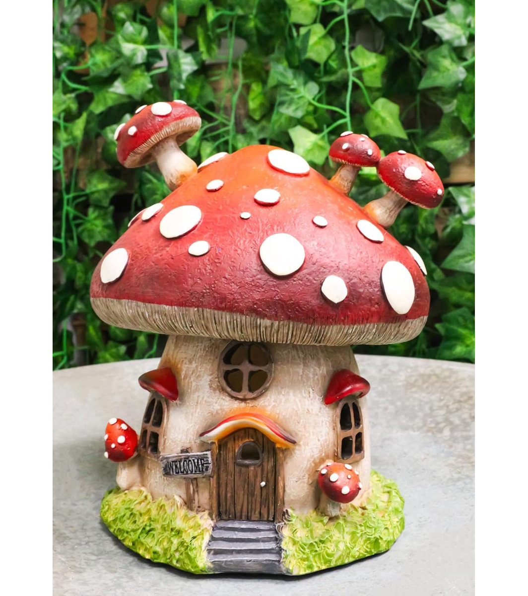 August Grove® Fairy Garden Giant Toadstool Mushrooms Cottage House With LED Light Figurine | Wayfair